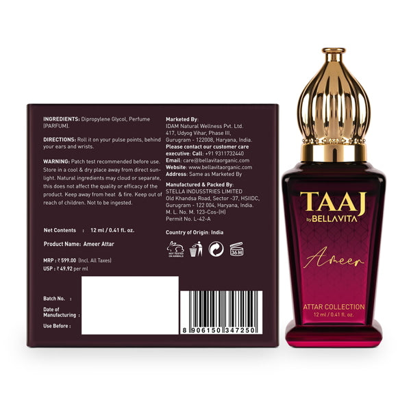 Taaj Ameer Attar - 12ml | Luxury Alcohol-Free Attar Perfume for Men and ...